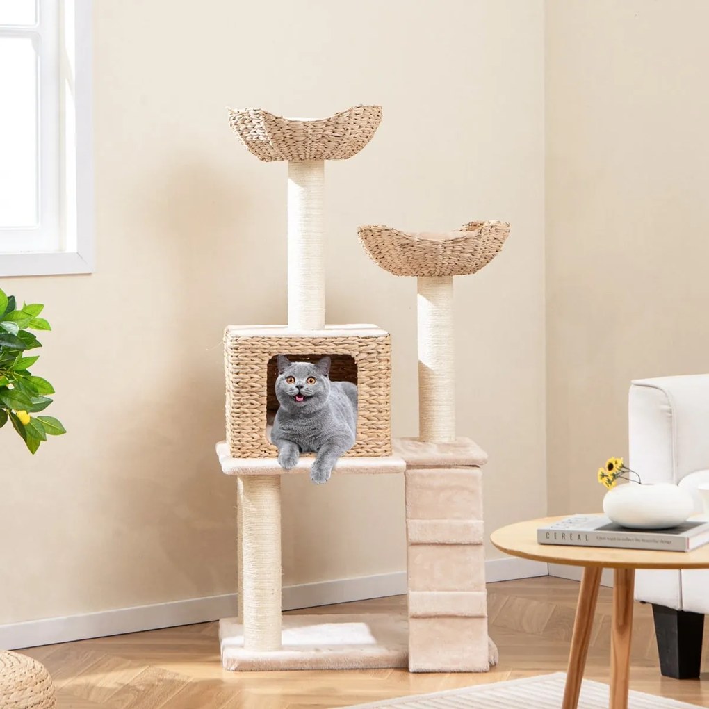 Costway Cattail cat tree se sisalovými sloupky a sedadlem a domečkem pro kočky