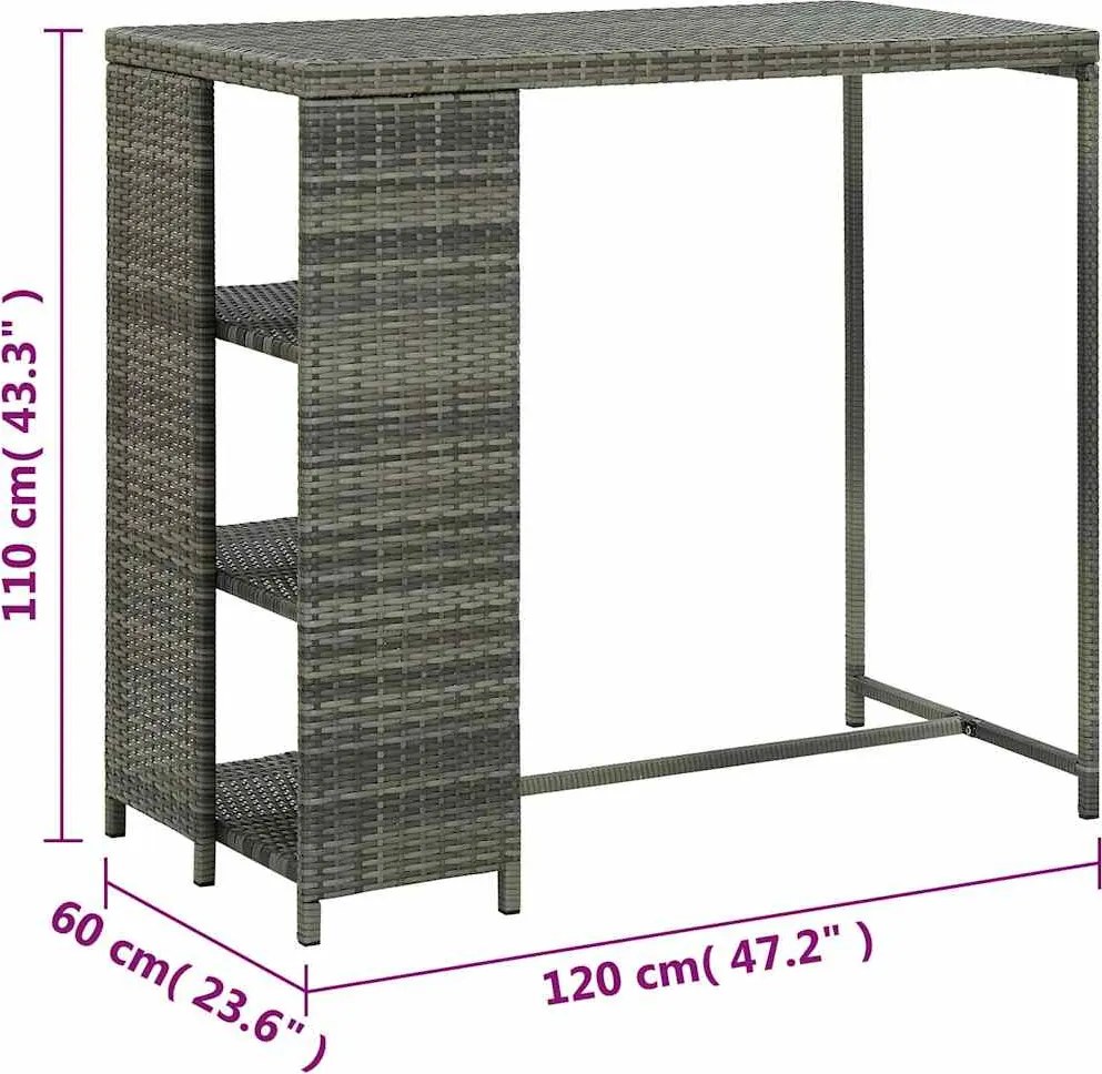 Barový stolek s úložným regálem šedý 120x60x110 cm polyratan 313477