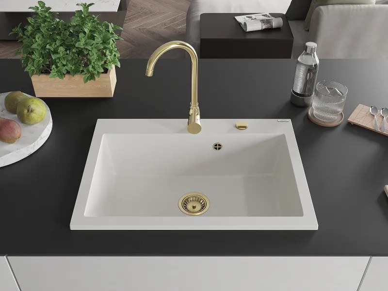Mexen Elix granitový dřez 1-komorový 700 x 500 mm, bílý, zlatý sifon - 6526701005-20-G