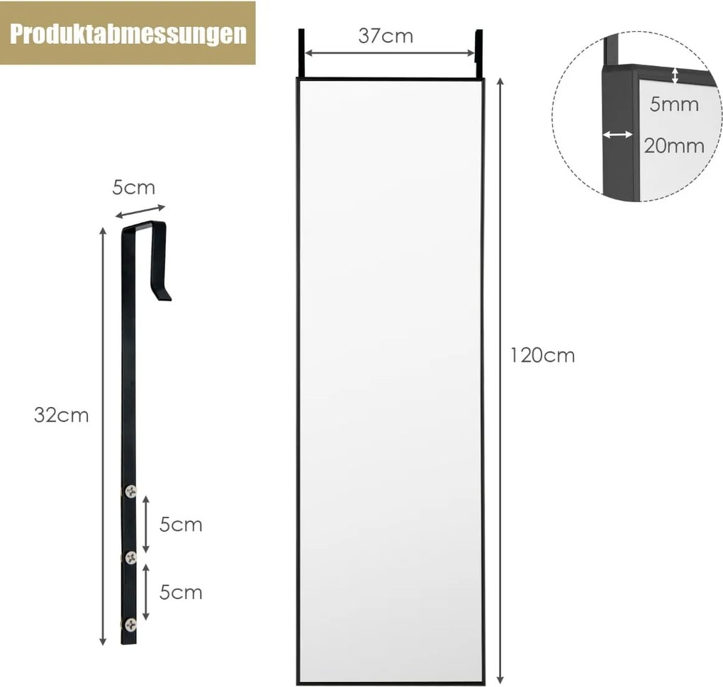 Costway Závěsné zrcadlo celorozměrné zrcadlo s rámem černé – 120 × 37 × 2 cm