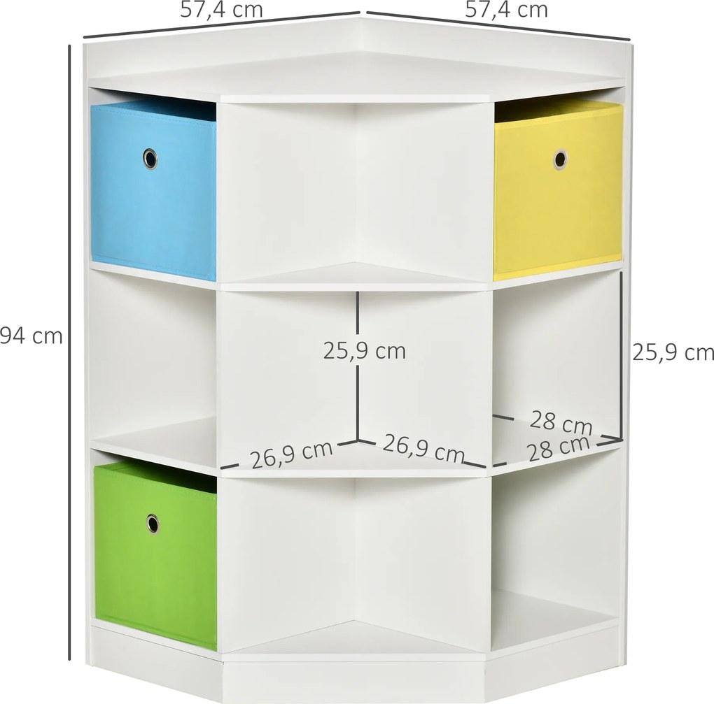 HOMCOM Dětské rohové police se 3 úložnými boxy pro děti ve věku 3-12 let Bílá 57,4 x 57,4 x 94 cm