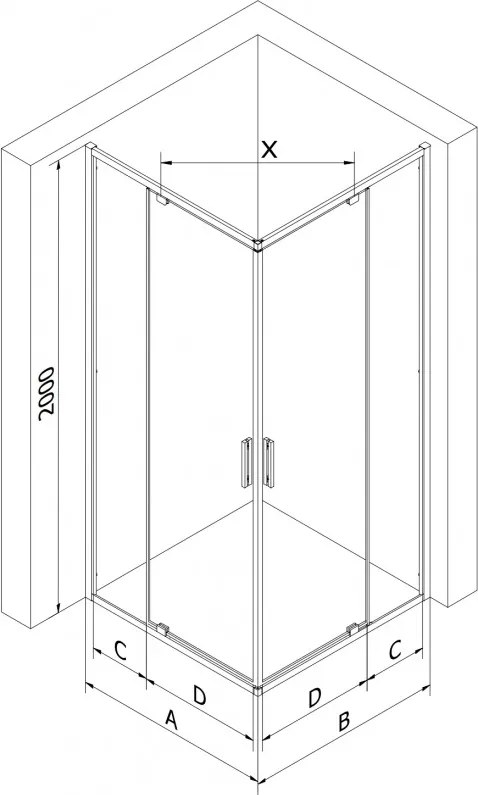 Mexen Exo, 2-křídlý sprchový kout 80 x 80 cm, 6mm čiré sklo, černý profil, 8110-080-080-70-00