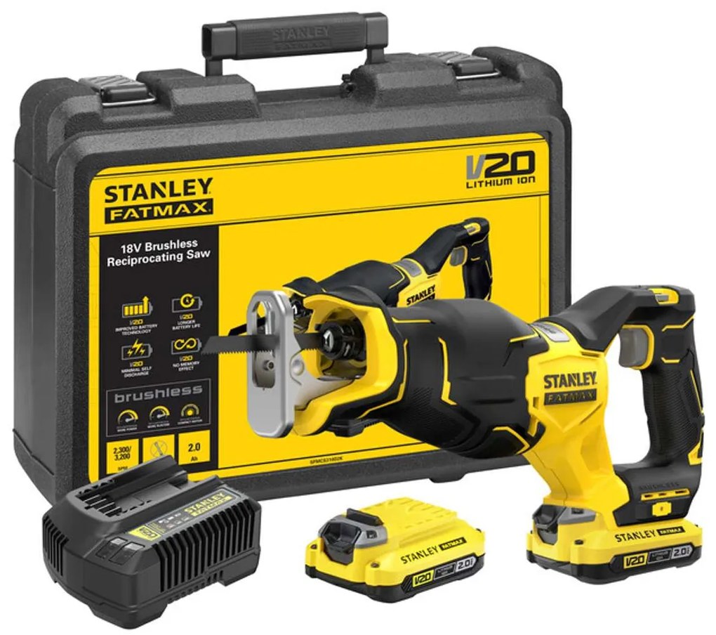 Stanley - 18V AKU mečová pila, 2x aku 2,0 Ah Li-Ion, nabíječka SFMCS310D2K-QW