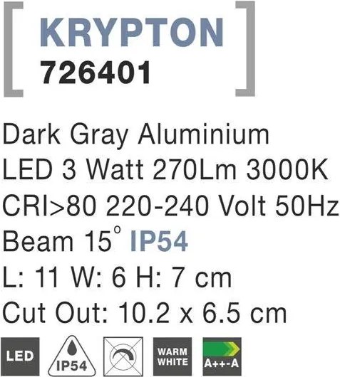 NV 726401 Venkovní zapuštěné svítidlo do zdi KRYPTON tmavě šedý hliník LED 3W 3000K 220-240V 15st. IP54 - NOVA LUCE