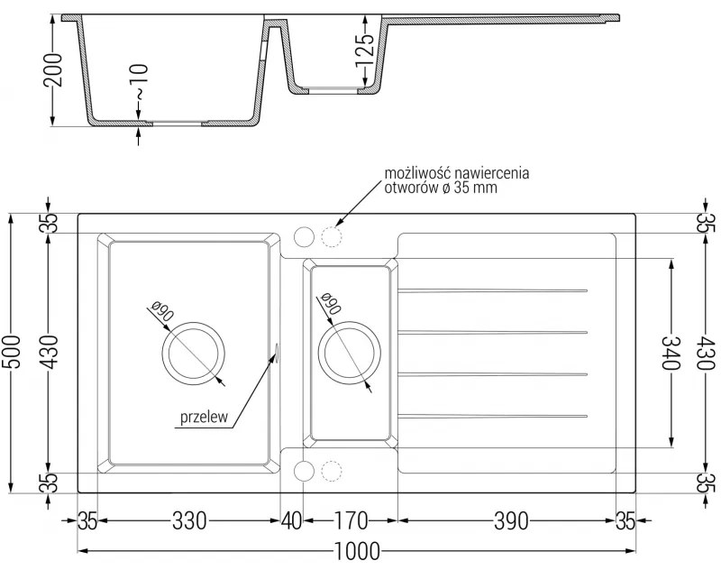 Mexen Andres 1,5-komorový granitový kuchyňský dřez s odkapávačem 100x50 cm a kuchyňská baterie Telma, černá-zlatá, 6515-75-670200-50