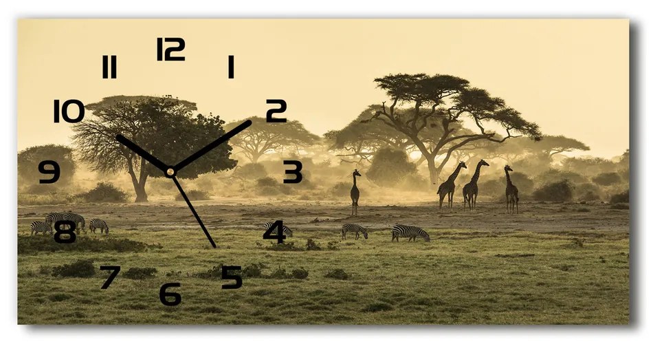 Wallmuralia Skleněné hodiny na stěnu Žirafa savana 60x30 cm