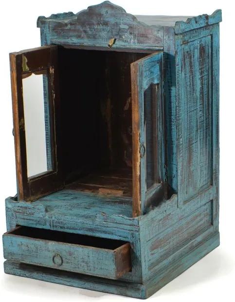 Prosklená skříňka ze starého teakového dřeva, tyrkysová patina,  47x50x75cm