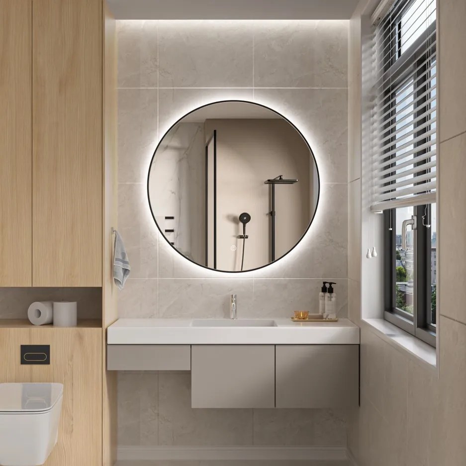 Erga Emma, ​​kulaté LED zrcadlo 90cm, černý kovový rám, 2070 lm, 6500K, zadní osvětlení, ERG-V01-201-9090-BK