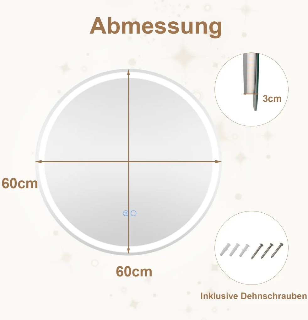 Costway Koupelnové zrcadlo LED s osvětlením 60 cm kulaté koupelnové zrcadlo