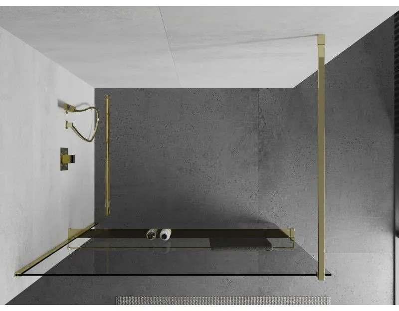 Mexen Kioto+, sprchová zástěna s poličkou a držákem na ručníky 110 x 200 cm, 8mm čiré sklo, zlatý profil, 800-110-121-50-00