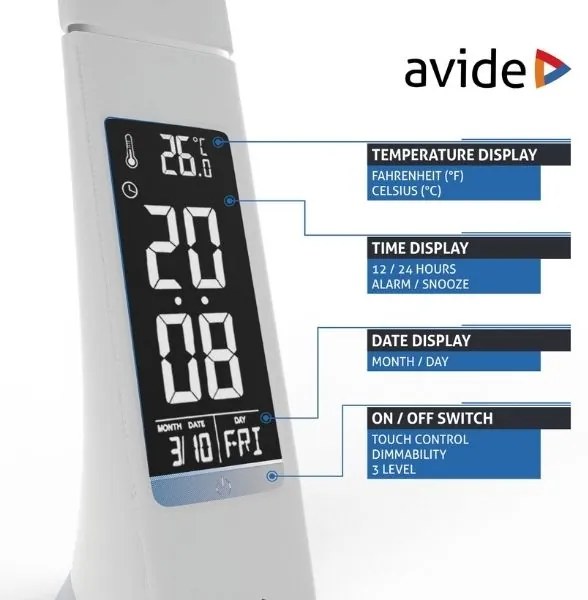 Kožená stmívatelná LED stolní lampa s displejem 6W 320lm, studené světlo, bílá