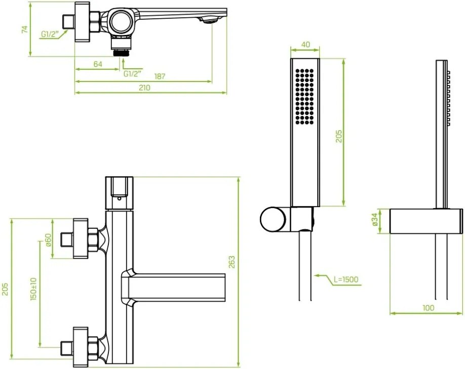 Laveo Tores, vanová baterie s ruční bodovou sprchovou soupravou, grafitová, LAV-BVT_911D