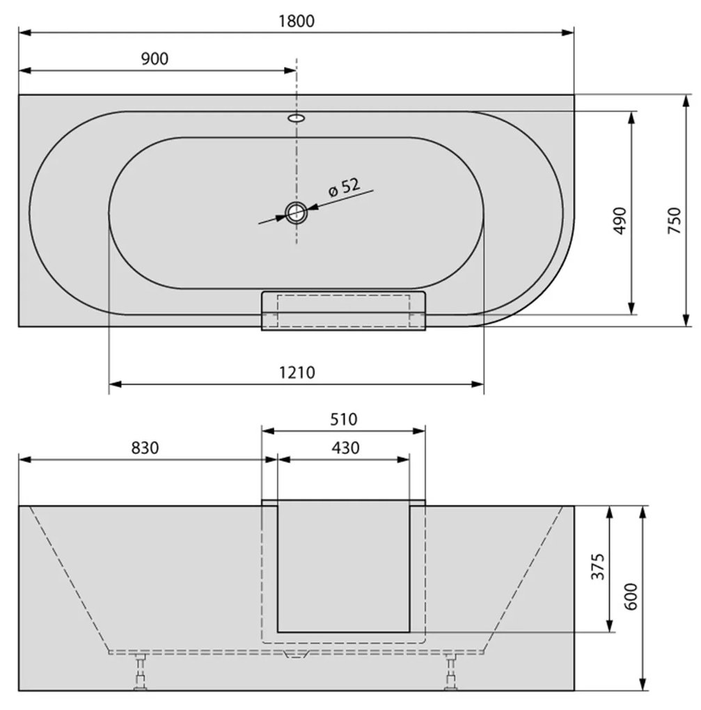 Polysan PORTAS L asymetrická vana s dvířky 180 x 75 x 60 cm bílá 75551