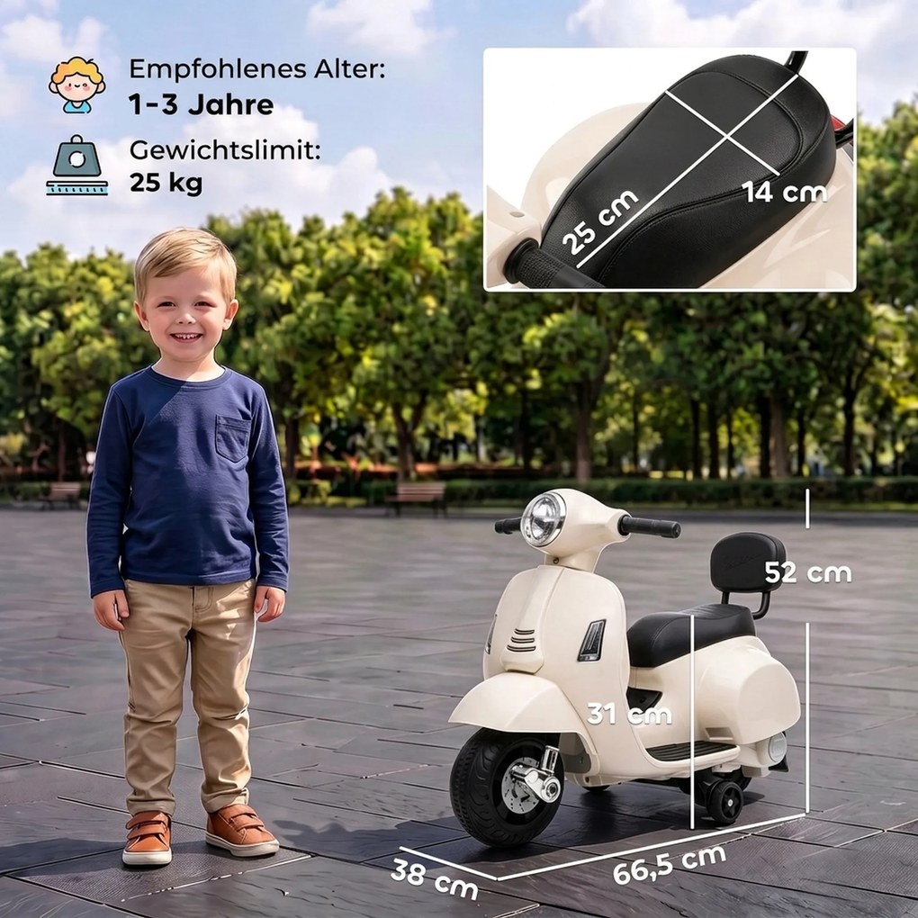 AIYAPLAY Elektro motorka pro děti Mini Vespa GTS 6V s lithiovou baterií, ergonomické sedadlo, opěrka zad, 1,5-3 roky 370-484V90WT