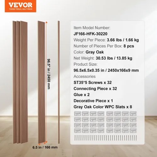dřevěné lamelové akustické panely 8 KS 243,8 × 15,2 cm WPC pro moderní stěnu šedý dub