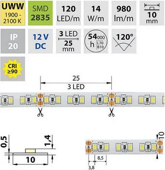 LED pásek McLED 12V ultra teplá bílá CRI90 š=10mm IP20 14W/m 120LED/m SMD2835 ML-121.820.60.0