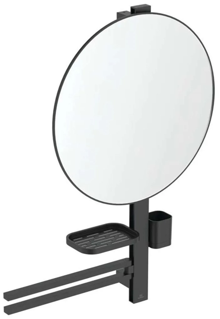 Ideal Standard ALU+ - Zrcadlo s držákem ručníků, poličkou a pohárkem na kartáčky a pastu, hedvábná černá BD587XG