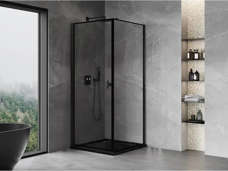 Mexen Mist-B, 1-křídlý ​​výklopný sprchový kout levý 90 x 90 cm, čiré sklo-černý rám, 8A2T-090-090-70-70-L