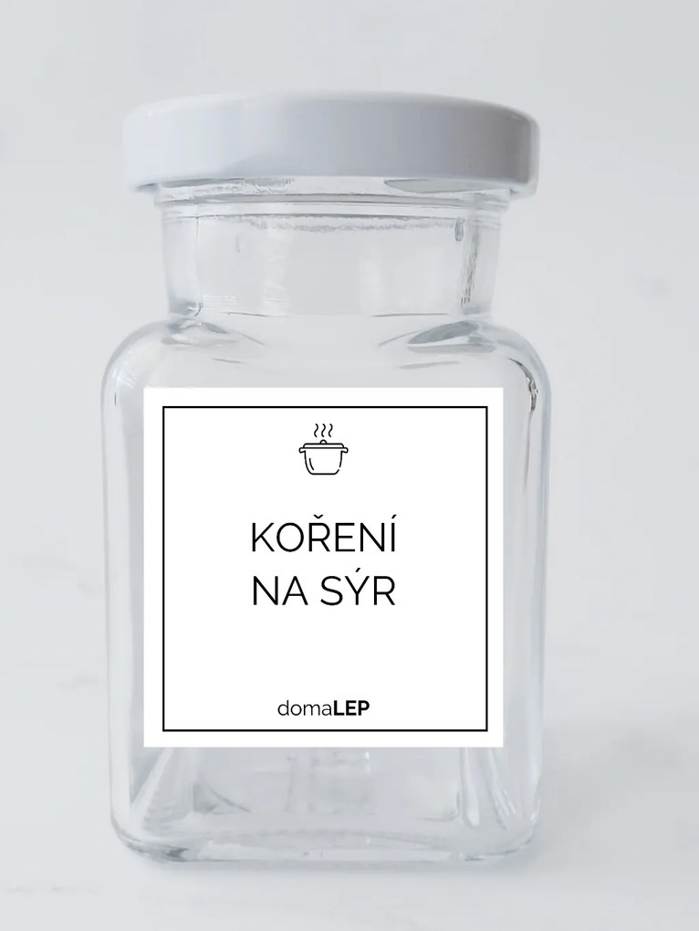 Samolepka na kořenky KOŘENÍ NA SÝR bílá 5 × 5 cm základní písmo