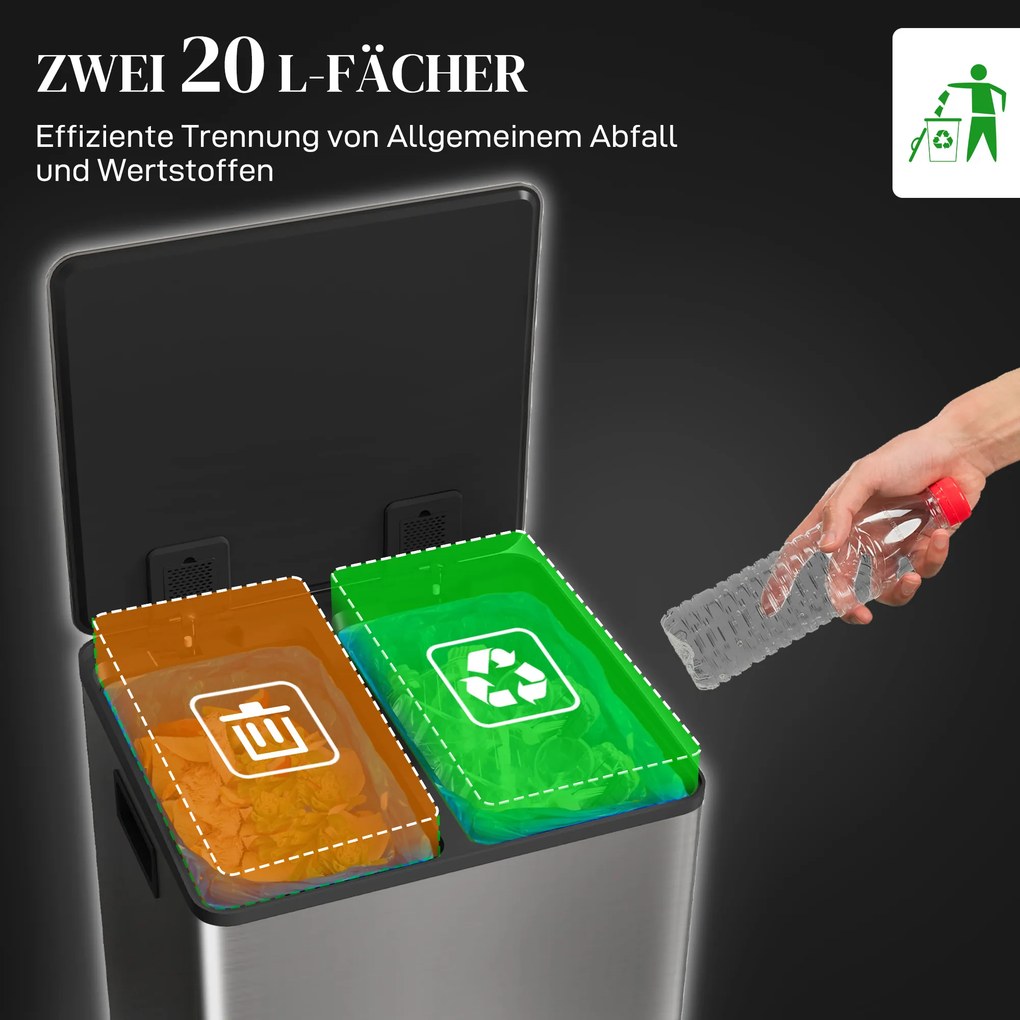 HOMCOM Odpadkový koš s přihrádkami o objemu 2x20 l, měkce zavíratelné víko, odolný proti otiskům prstů, nerezová ocel, stříbrná barva