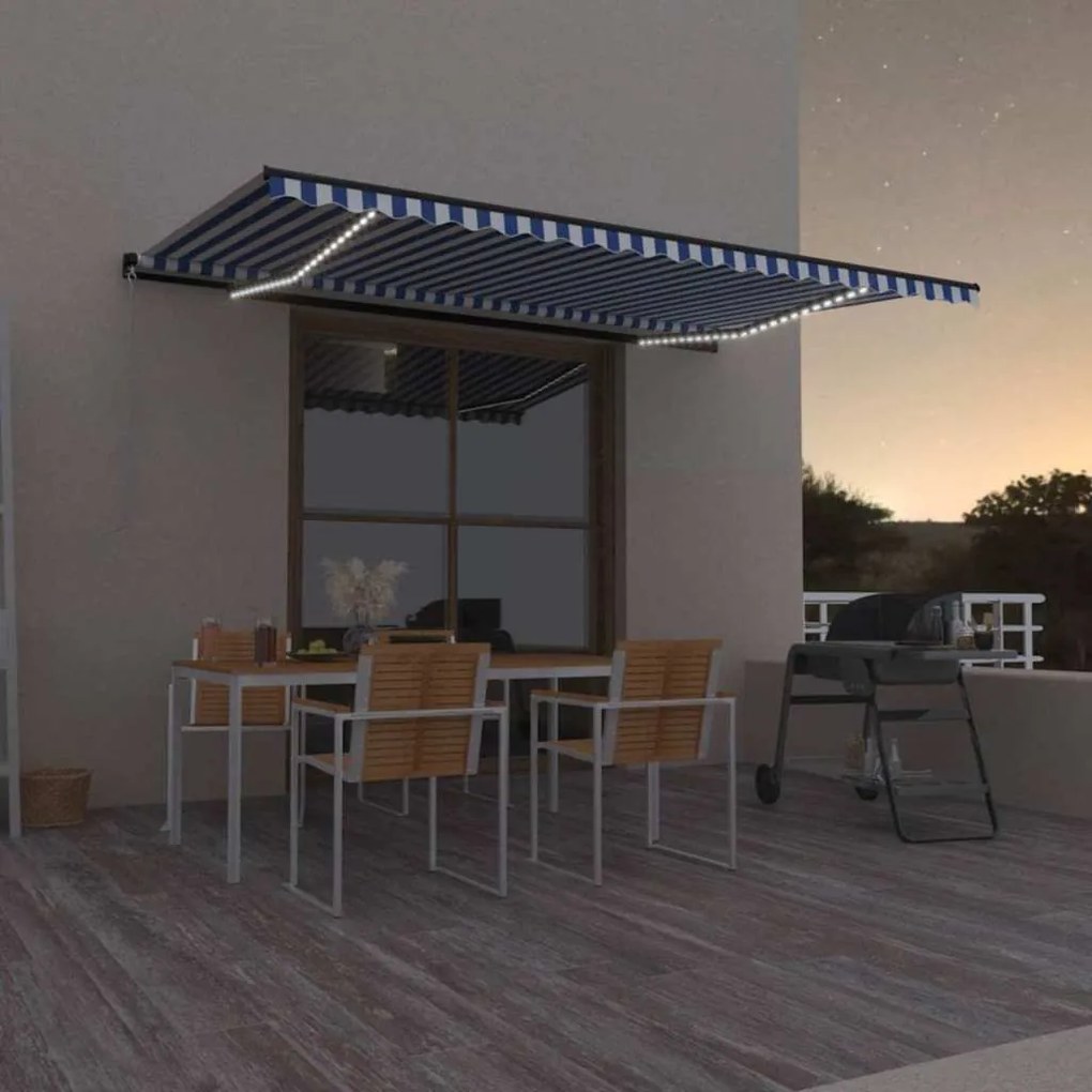 Ručně zatahovací markýza s LED světlem 500x300 cm modrá a bílá 3069141