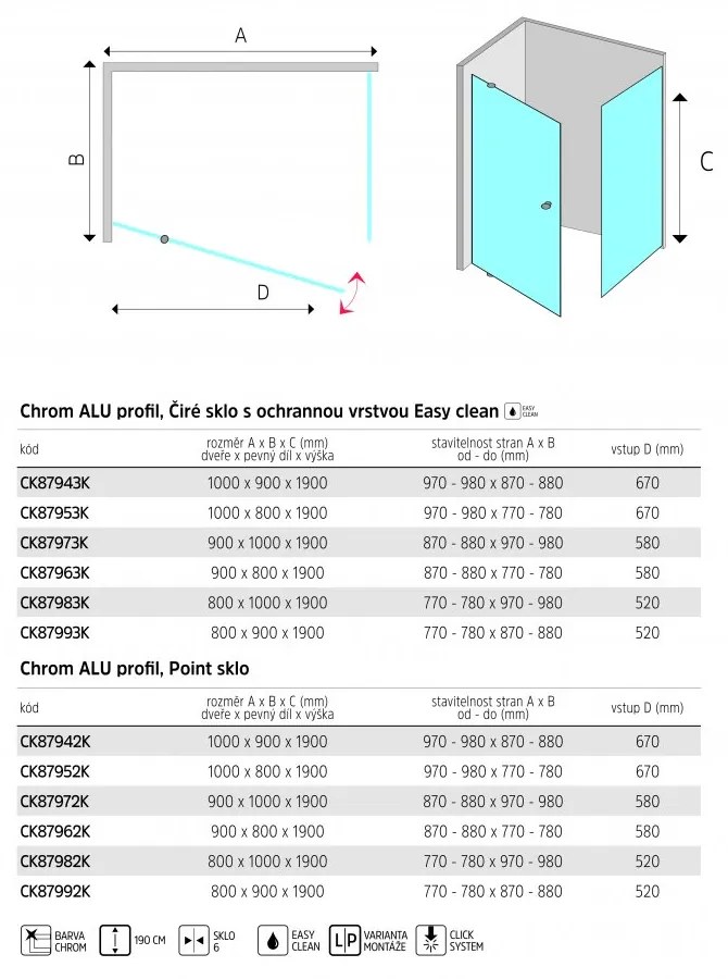 Mereo Sprchový kout, Lima, obdélník, pivotové dveře a pevný díl, chrom ALU, sklo Čiré 900 x 800 mm