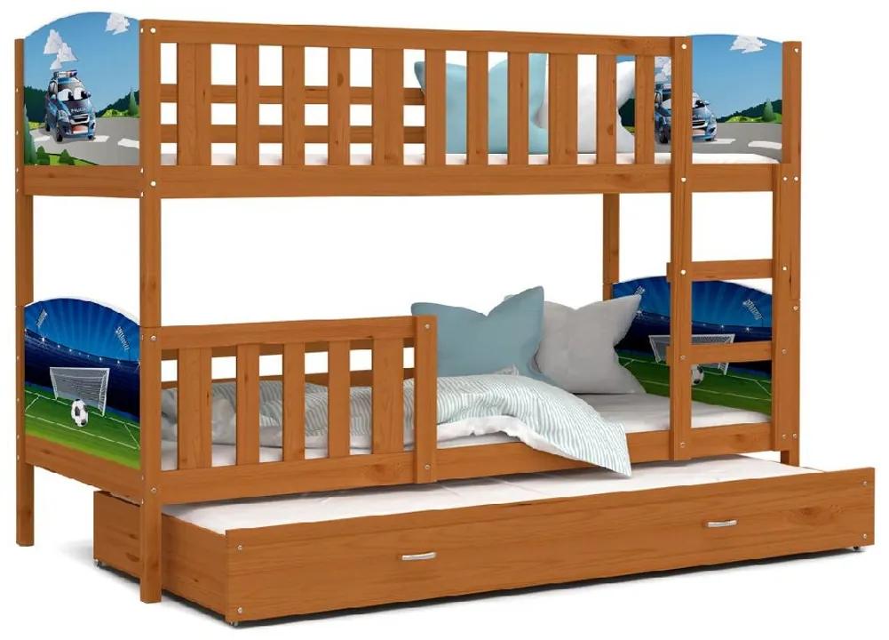 Expedo Dětská patrová postel DOBBY 3 s potiskem + matrace + rošt ZDARMA, 190x80, olše/vzor D31/H08