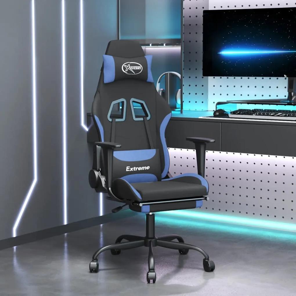 Masážní herní židle s podnožkou černá a modrá textil,  345487