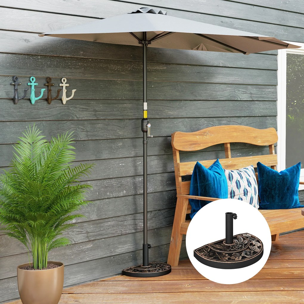 Stojan na slunečník Outsunny půlkruhový 50x31x32cm z pryskyřice a nerezové oceli v bronzové barvě, stabilní podstavec pro slunečník na zahradu a tera…