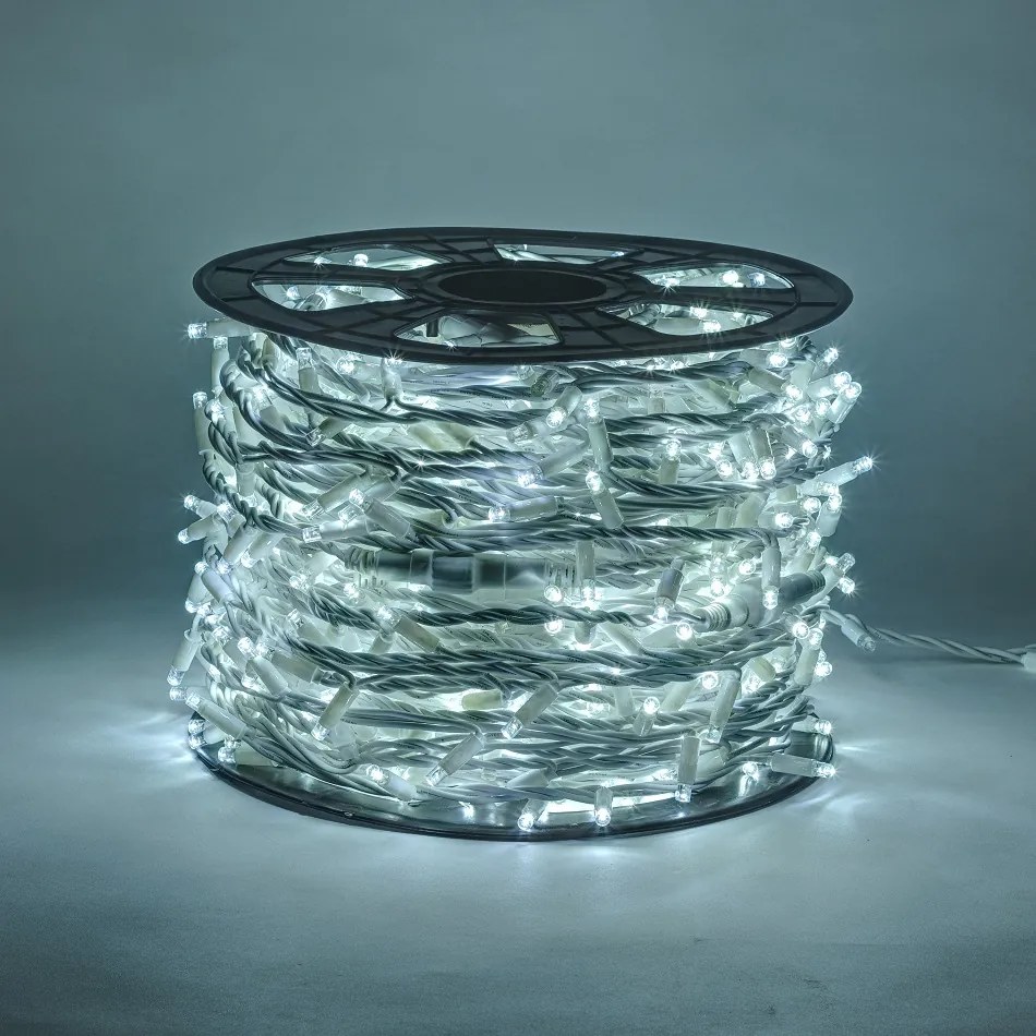 Easy Fix LED světelný řetěz, 100 m, venkovní, ledově bílá s FLASH, 1000 diod, bílý kabel, IP67, cívka