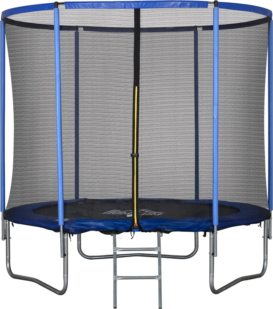 HOMCOM Dětský a Dospělácký Trampolína do Zahrady s Elastickou Podložkou a Ochrannou Sítí, Žebřík a Polstrované Okraje, Ø244x240cm, Modrá a Černá | Aos