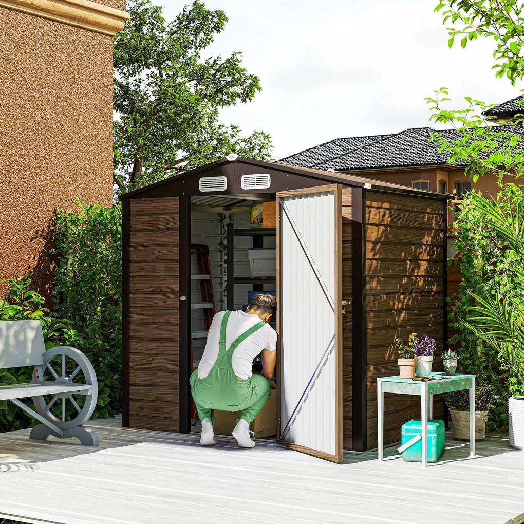 Zahradní kůlna Outsunny 190x131x188 cm - Venku umístěný úložný domek s 2 větracími okny a dveřmi pro terasu, balkon a patio - Dub