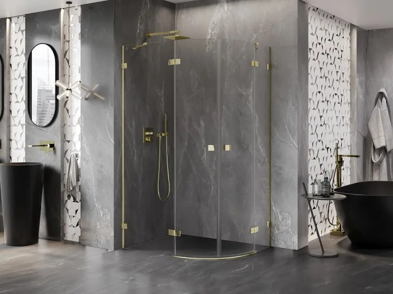 Mexen Lunar, půlkruhový sprchový kout naklápěcí doleva 100 x 80 cm, 8mm čiré sklo, zlatý profil, 833-100L-080P-50-00