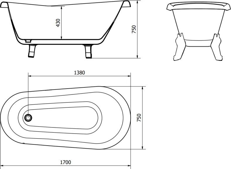 Mexen Retro, volně stojící vana 170 x 75 cm, bílá, bílé nohy, 53251707500-20