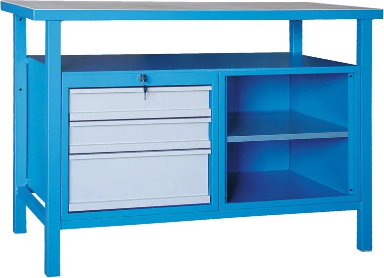 Dílenský pracovní stůl GD, smrk + oboustranně dýhovaná smrková překližka, 3 zásuvky, 1 police, 1190 x 600 x 850 mm, šedá