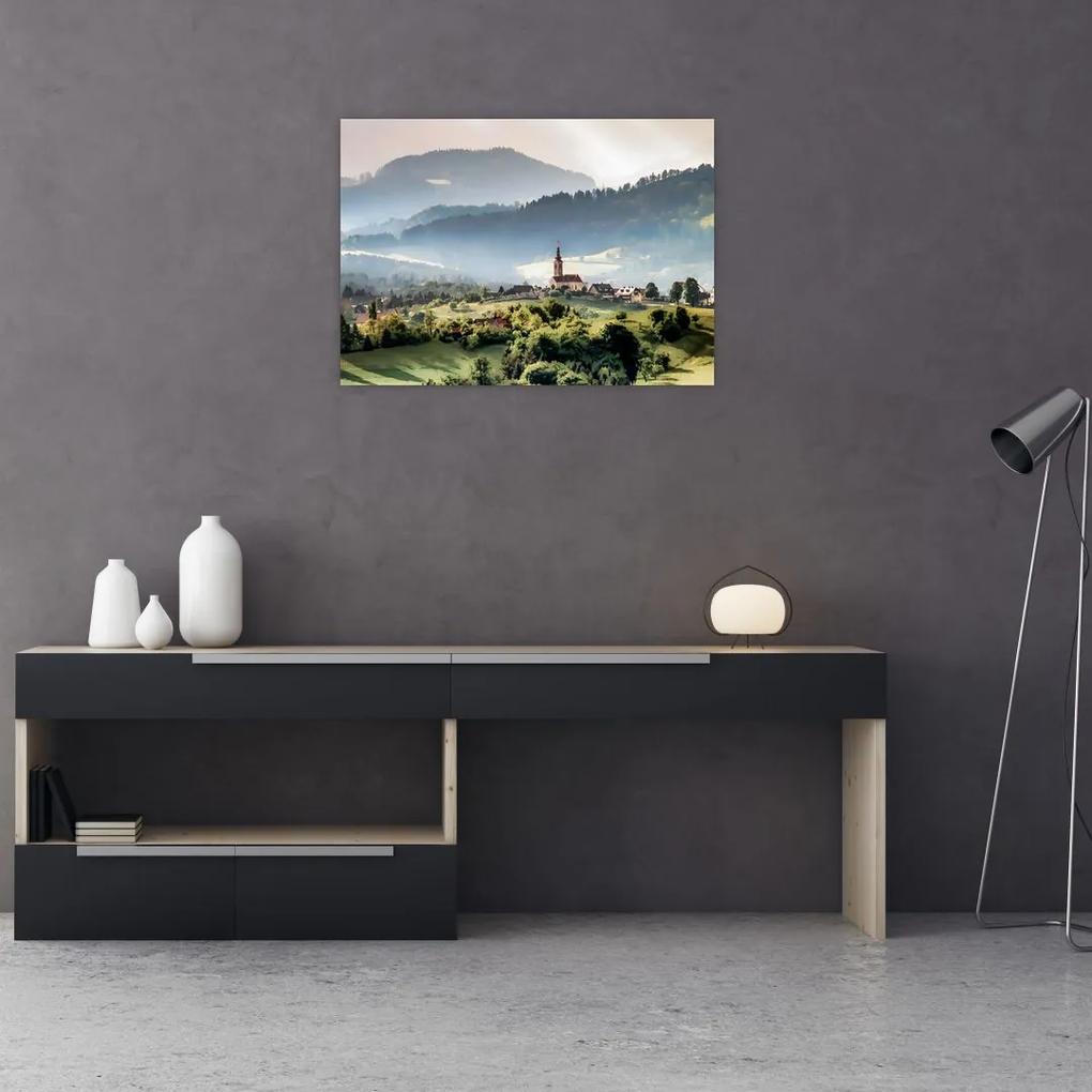 Skleněný obraz - vesnička v mlze (70x50 cm)