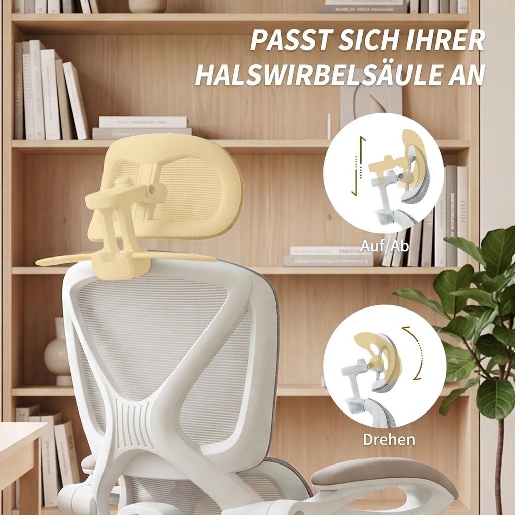 HOMCOM Kancelářská židle, ergonomická židle k psacímu stolu s opěrkou nohou, houpací funkcí, opěrkami rukou, síťovina, šedá