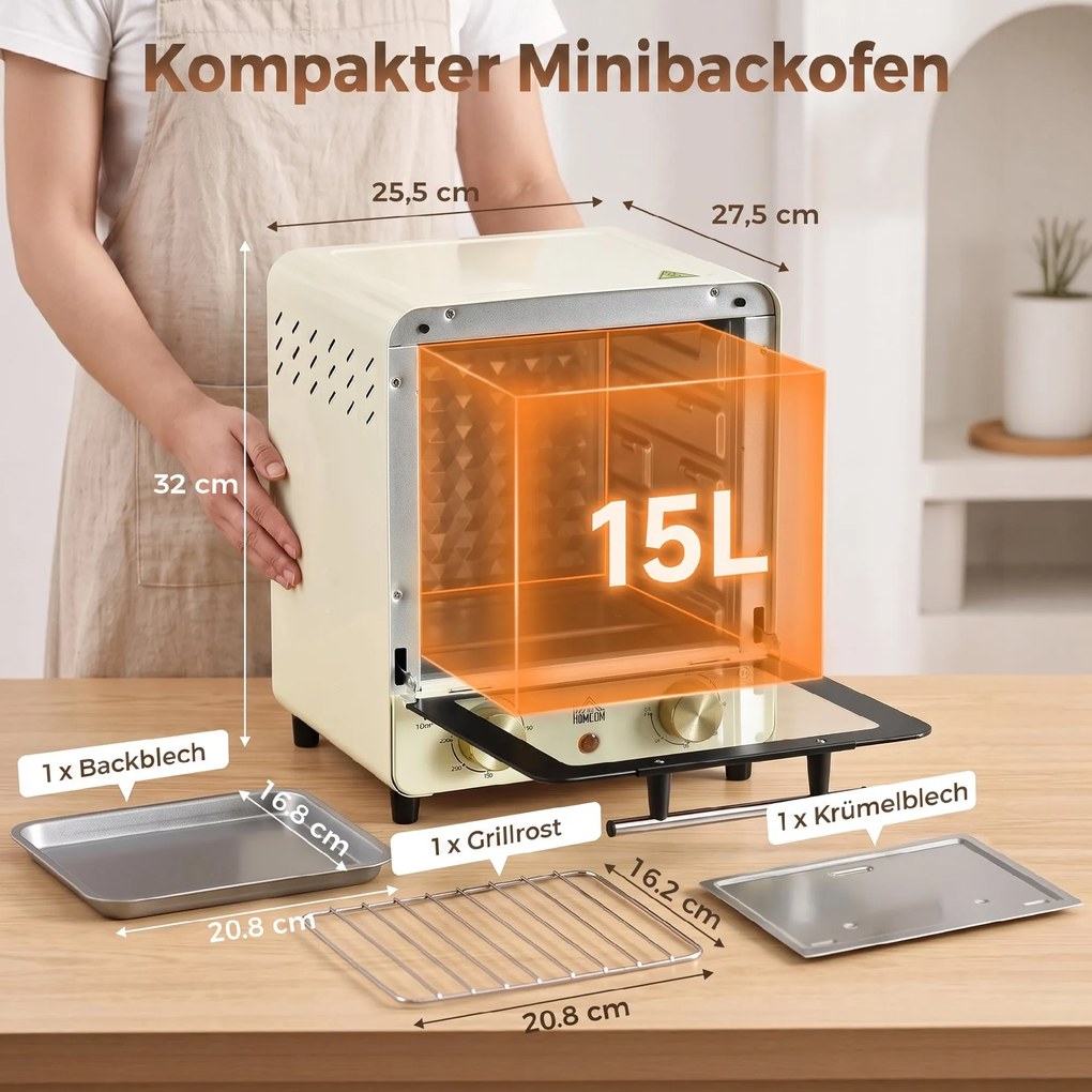 HOMCOM Mini trouba 15 l objem, výškově nastavitelný plech a rošt, 1000 W, krémově bílá