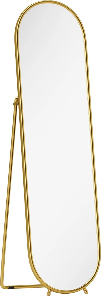 HOMCOM oválné celoformátové volně stojící zrcadlo, 50 × 180 cm — nerozbitné sklo, kovový rám a stojan, zlaté — do ložnice, obýváku, předsíně