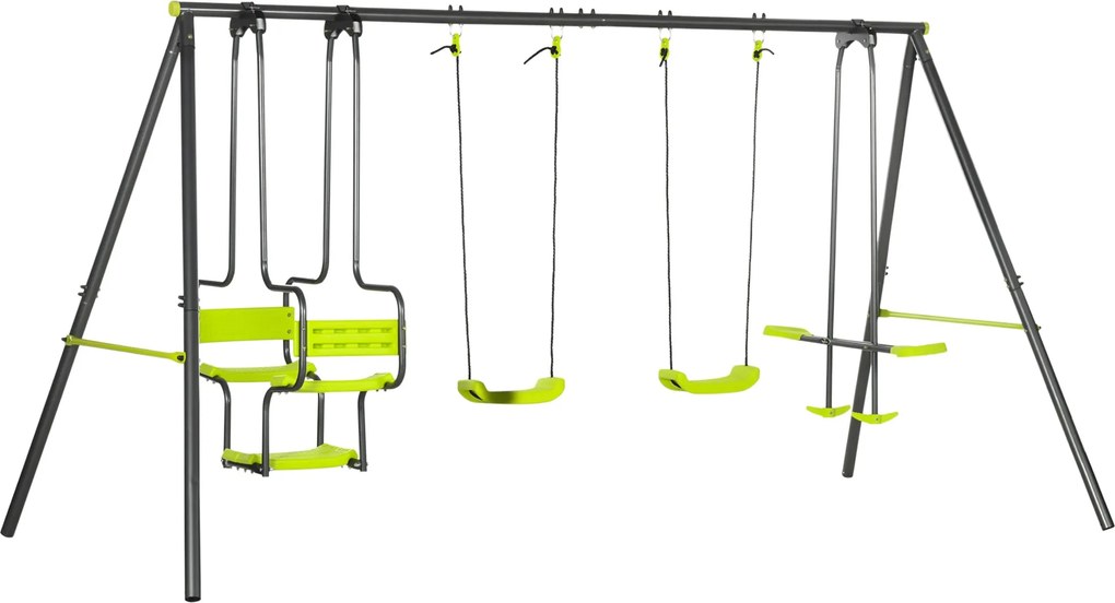 Zahradní houpačka Outsunny pro děti s 2 houpačkami, klouzačkou a ocelovým rámem pro děti ve věku 3-8 let 355x184x186 cm Zelená | Aosom