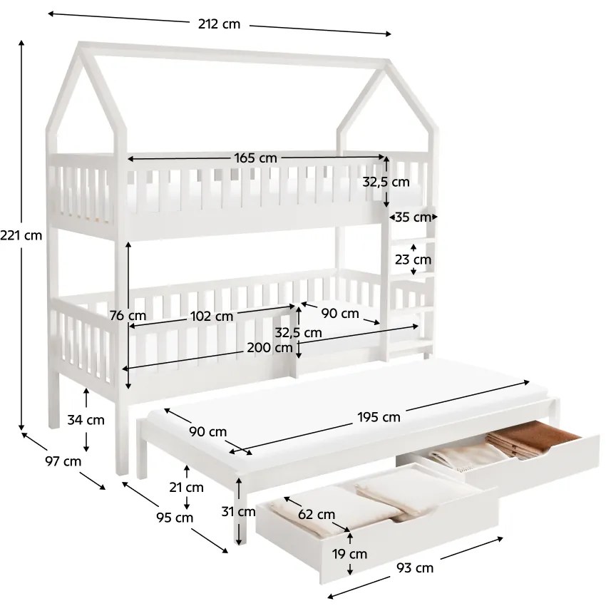 Kondela Montessori patrová postel s přistýlkou, bílá, VENITA TYP 1