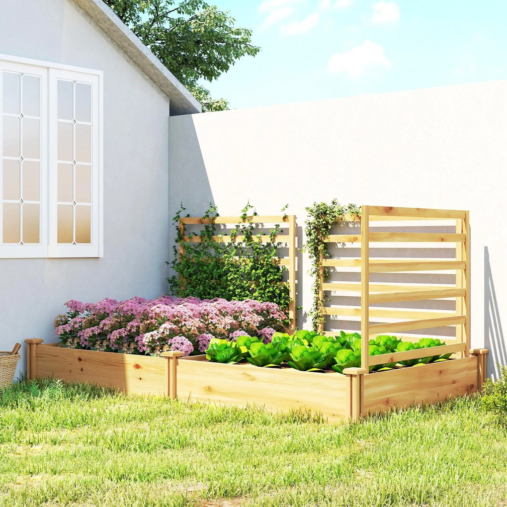 Outsunny vyvýšený dřevěný truhlík s 3 mřížemi, dvojitý záhon a otevřené dno — 240 x 125 x 102 cm — přírodní borovice