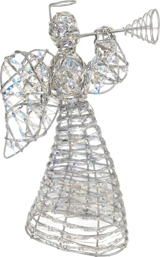 Stříbrný kovový anděl s trubkou a LED osvětlením - 22*8*30 cm / 3*AA