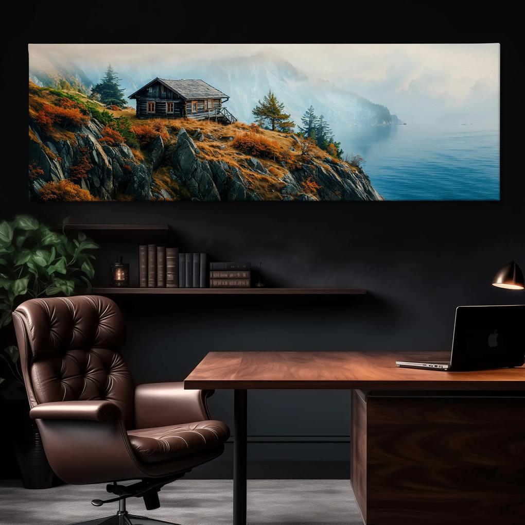 Obraz na plátně - Skalní chatka na mlžném pobřeží FeelHappy.cz Velikost obrazu: 240 x 80 cm