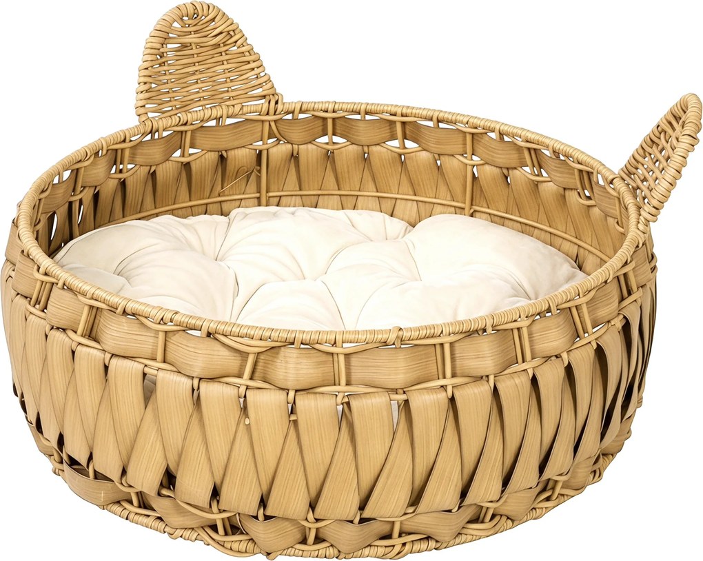 PawHut Rattan Cat Bed with Removable Cushion — Cat Cave for Cats up to 22 lb, 19.7" x 19.7" x 9.8", Light Brown | Aosom