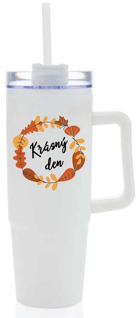 KRÁSNÝ DEN (PODZIM) - bílý cestovní termohrnek s průhledným víčkem 900 ml