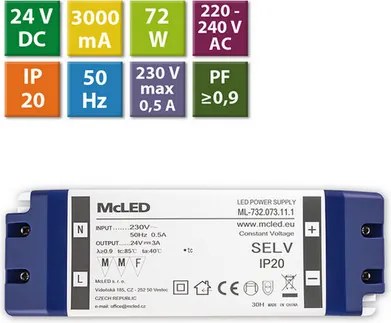 Nábytkový LED napájecí zdroj McLED 24VDC 72W 3A ML-732.073.11.1