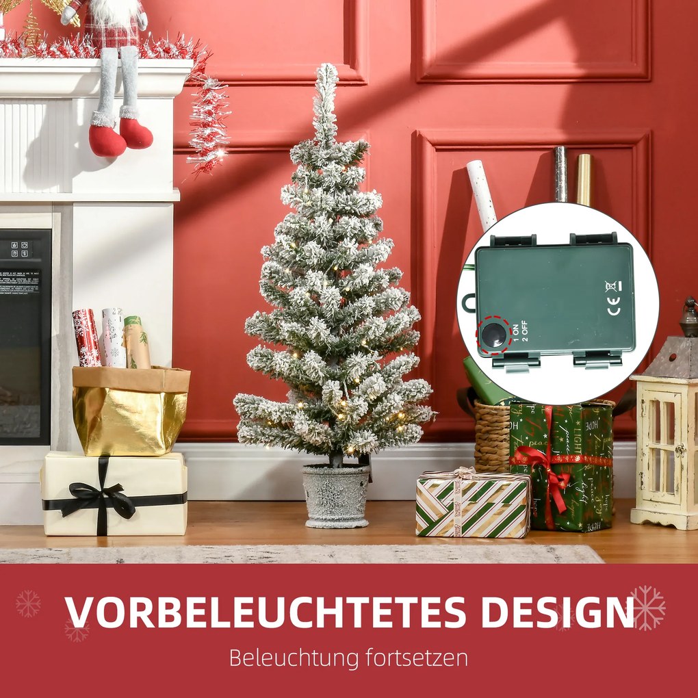 HOMCOM Mini vánoční stromek Ø40x90 cm, umělý sníh, 60 LED, nehořlavý, plast, zelená/bílá