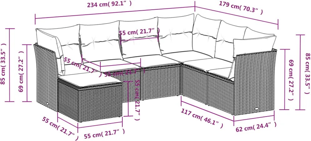 7dílná zahradní sedací souprava s poduškami černá polyratan 3217986