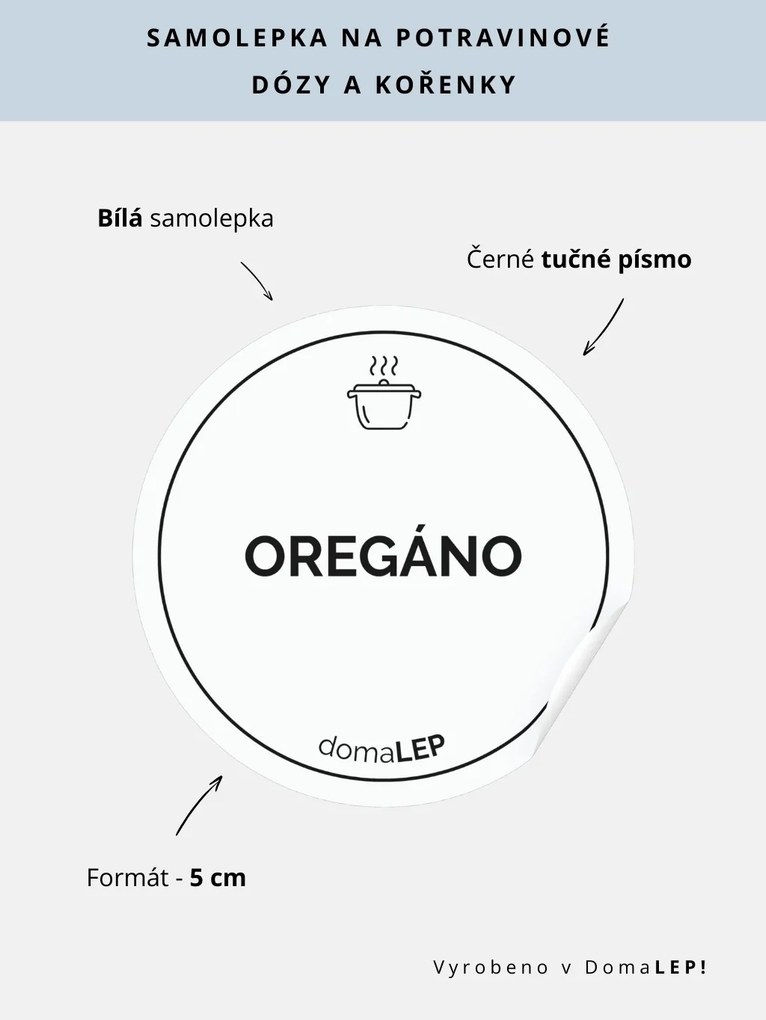 Samolepka na kořenky OREGÁNO bílá 5 cm tučné písmo
